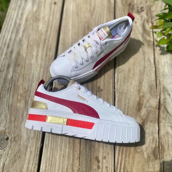 Puma | Shoes | Puma Mayze Glitz Platform Sneakers White Gold Red | Poshmark